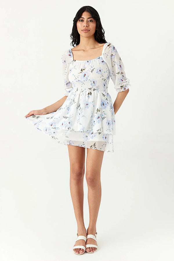 Ivory Floral Chiffon Ra Ra Dress | Summer Floral Mini Dress – Select ...