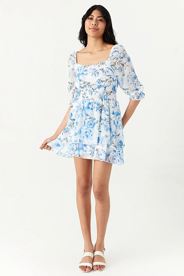 Blue Rose Print Chiffon Ra Ra Dress – Select Fashion
