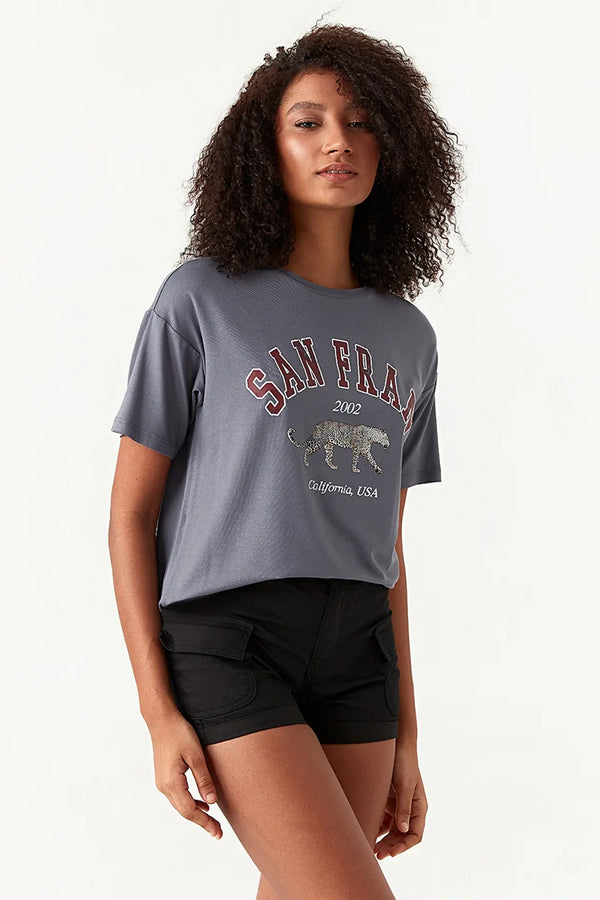 Metal Grey San Fran Leopard Graphic Tee | Select Fashion